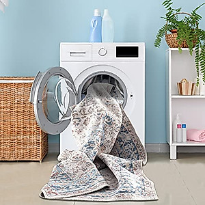 Bloom Rugs Caria Washable Non-Slip 3x5 Rug - Beige/Ocean Blue Traditional Area Rug for Living Room, Bedroom, Dining Room, and Kitchen - Exact Size: 3' x 5'