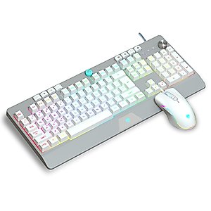 USB Wired Gaming Keyboard Mouse Set, 104 Keys, 10 RGB Backlit Modes, 19 Keys Anti-Ghost Keyboard, 1200-7200 DPI Mouse (White)