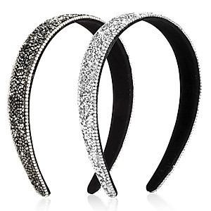 Wecoe 2 Pack Rhinestone Headbands Women Black Silver Headband Wide Headbands For Women Non Slip Fashion Bling Sparkly Diamond Holiday Headband Birthday Wedding Bridal Hair Accessories For Women Girls