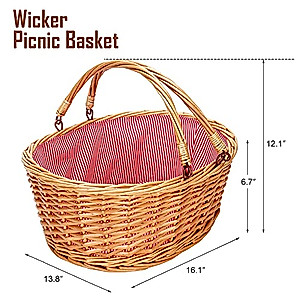 TwentyNext Wicker Picnic Basket with Double Folding Handles, Natural Large Willow Hamper Empty Basket Cheap Easter Eggs Candy Storage Wine Basket for Toy, Flower, Wedding Gifts（Red Stripe L）
