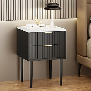 Anbuy Black Marble Nightstands Set of 2 with Gold Handle, Striped Night Stand with Drawers, End Side Table with Faux Marble Top, 2 Drawers End Table Metal Legs for Bedroom, Living Room