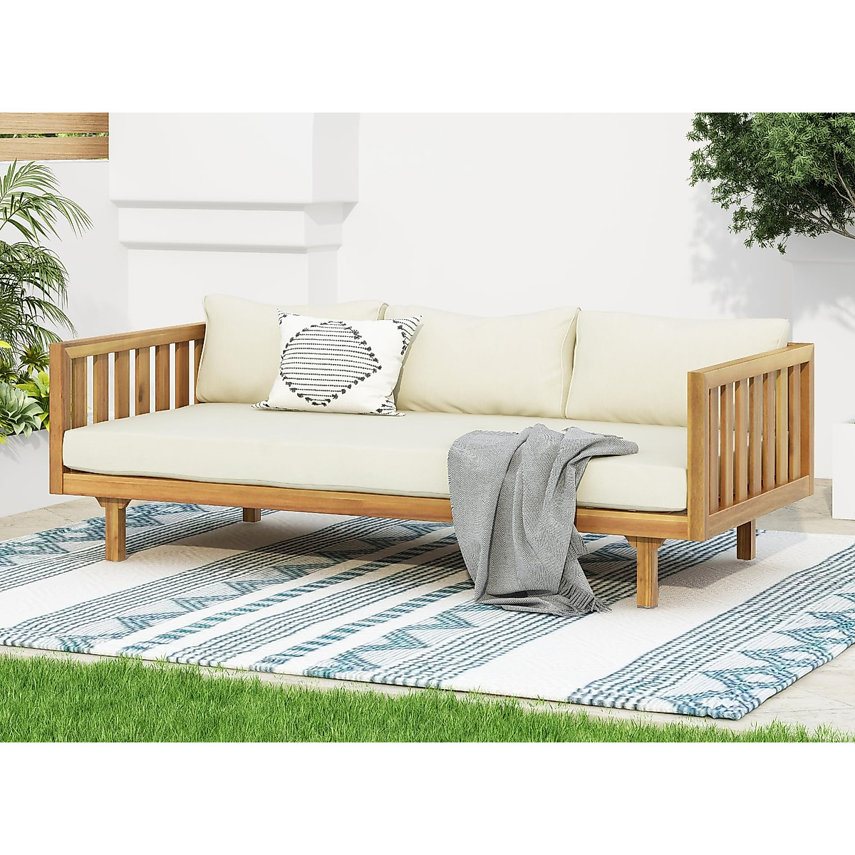 Merax Outdoor 3 Seater Daybed, Acacia Wood Day Bed Couch Sofa with Cushions for Patio Backyard, Garden, Beige