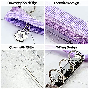 MultiBey Transparent Mini Binder 3 Ring, Glitter PVC Zipper Binder 3.7'' x 5.2'' for Cards Photos with 20 Card Slots (Purple)