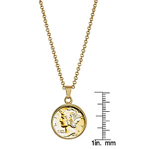 American Coin Treasures Gold-Layered Silver Mercury Dime Goldtone Coin Pendant with 18" Chain Necklace - Genuine and Elegant Keepsake Jewelry for Women | White Luxury Gift Box Included
