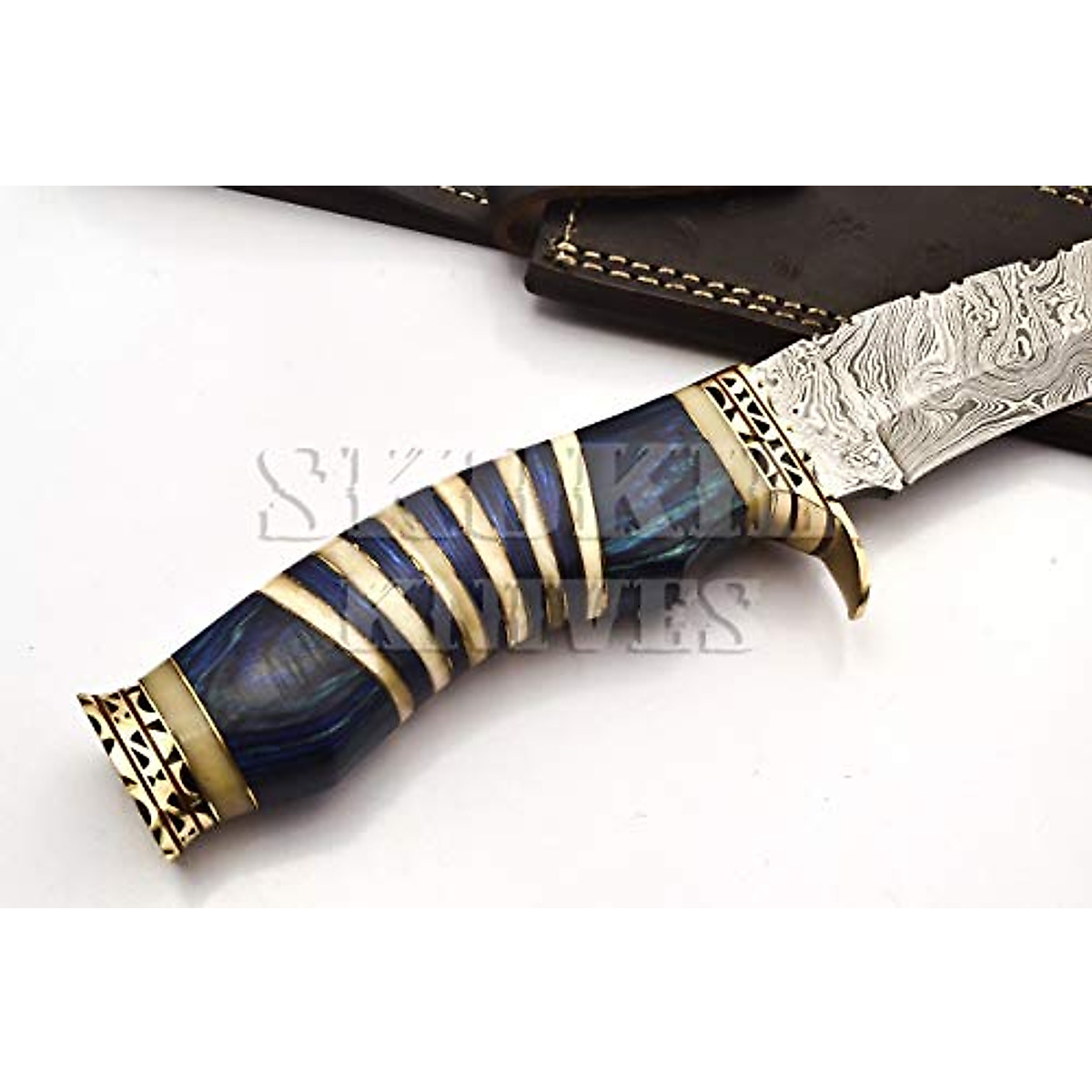 Skokie Knives Custom Hand Made Damascus Steel Hunting Knife Handle Original Camel Bone with Brass Spacer and Pakka Wood A Perfect Grip for Hunters