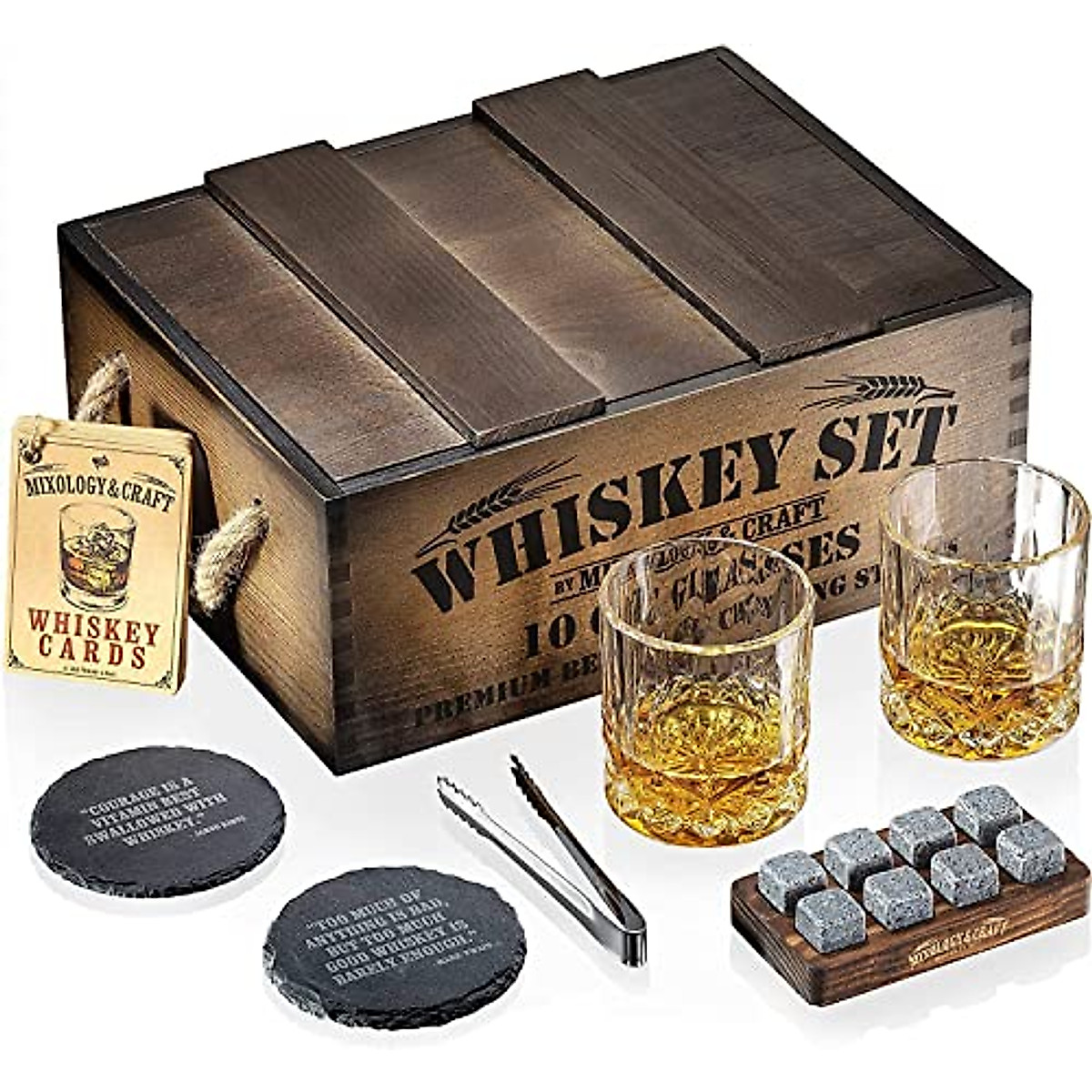 Mixology Whiskey Gift Set, Whiskey Glass Set with Rustic Wooden Crate, 8 Granite Whiskey Rocks Chilling Stones, 10oz Whiskey Glasses, Gift for Men, Dad, Husband, Boyfriend - Jameson Dark Brown