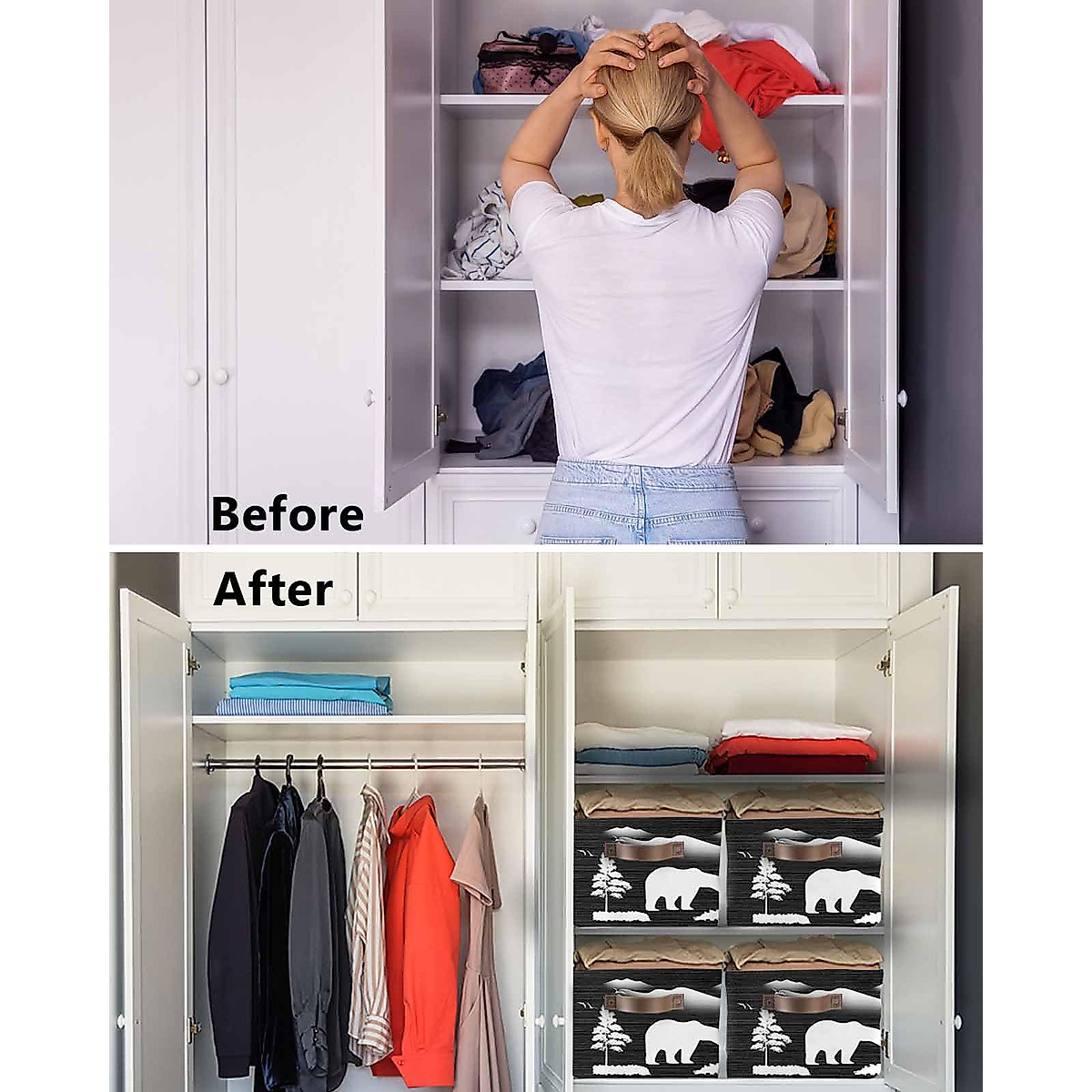 Bear Black Cube Storage Organizer Bins with Handles 2 Packs 15x11x9.5 Inch Collapsible Canvas Cloth Fabric Storage Basket for Shelves,Closet Forest Animal Tree Birds Abstract Mountain White