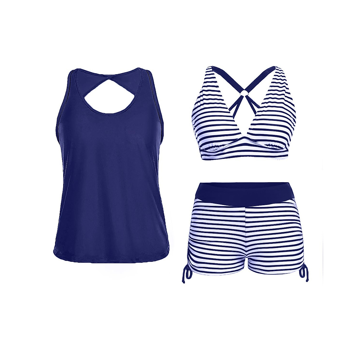 Yonique 3 Piece Tankini Swimsuits for Women Swim Tank Top Bathing Suits with Boy Shorts and Bra Athletic Swimwear Blue XL