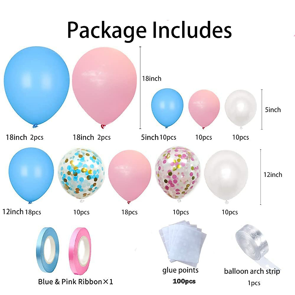 Pink and Blue Balloons Garland Arch Kit - 100Pcs 18+12+5 Inch Pink Blue Confetti Party Balloons for Gender Reveal Boys Girls Birthday Baby Shower Wedding Engagements Anniversary Party Decorations