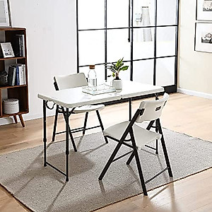 Living and More 4 Foot Height Adjustable Fold-in-Half Table with Carrying Handle, Easy Folding and Storage, Indoor Outdoor Use, White