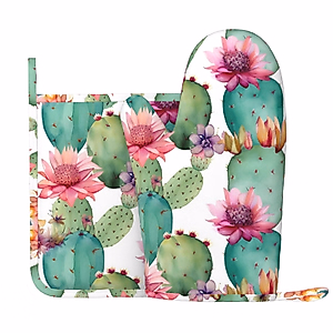 Cactus Flower Printed Oven Mitts and Pot Holders Sets Heat Resistant Kitchen Oven Gloves Potholders Set Extra Long Non-Slip Silicone Gloves for Cooking Baking BBQ