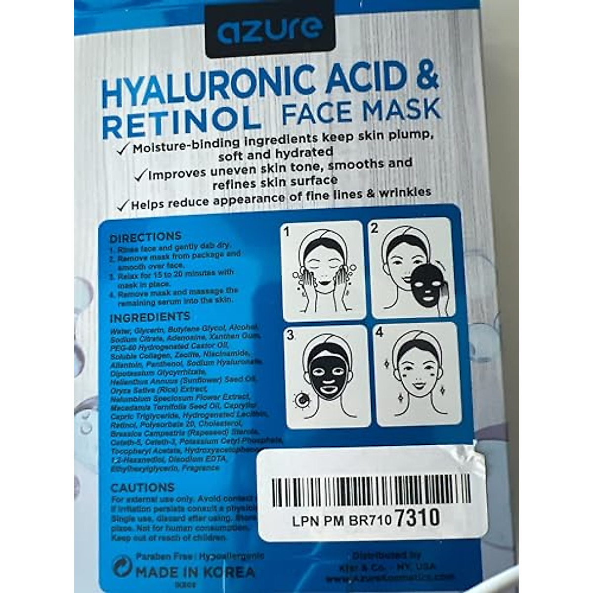 AZURE Hyaluronic Acid & Retinol Anti Aging Facial Mask - Dermatologist Tested - Rejuvenating & Hydrating Face Mask - Helps Reduce Fine Lines & Wrinkles, Smooths & Repairs - Korean Skin Care - 5 Pack