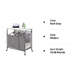 STORAGE MANIAC 3-Section Laundry Sorter with Foldable Ironing Board, Heavy-Duty Rolling Laundry Cart with and Removable Bags, Triple Laundry Hamper with Wheels, Dark Grey