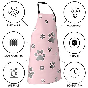 Perinsto Cute Dog Paws Pink Waterproof Apron With 2 Pockets Kitchen Chef Aprons Bibs For Cooking Baking Painting Gardening Grooming