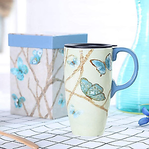 Topadorn Coffee Ceramic Mug Porcelain Latte Tea Cup With Lid 17oz.,Blue