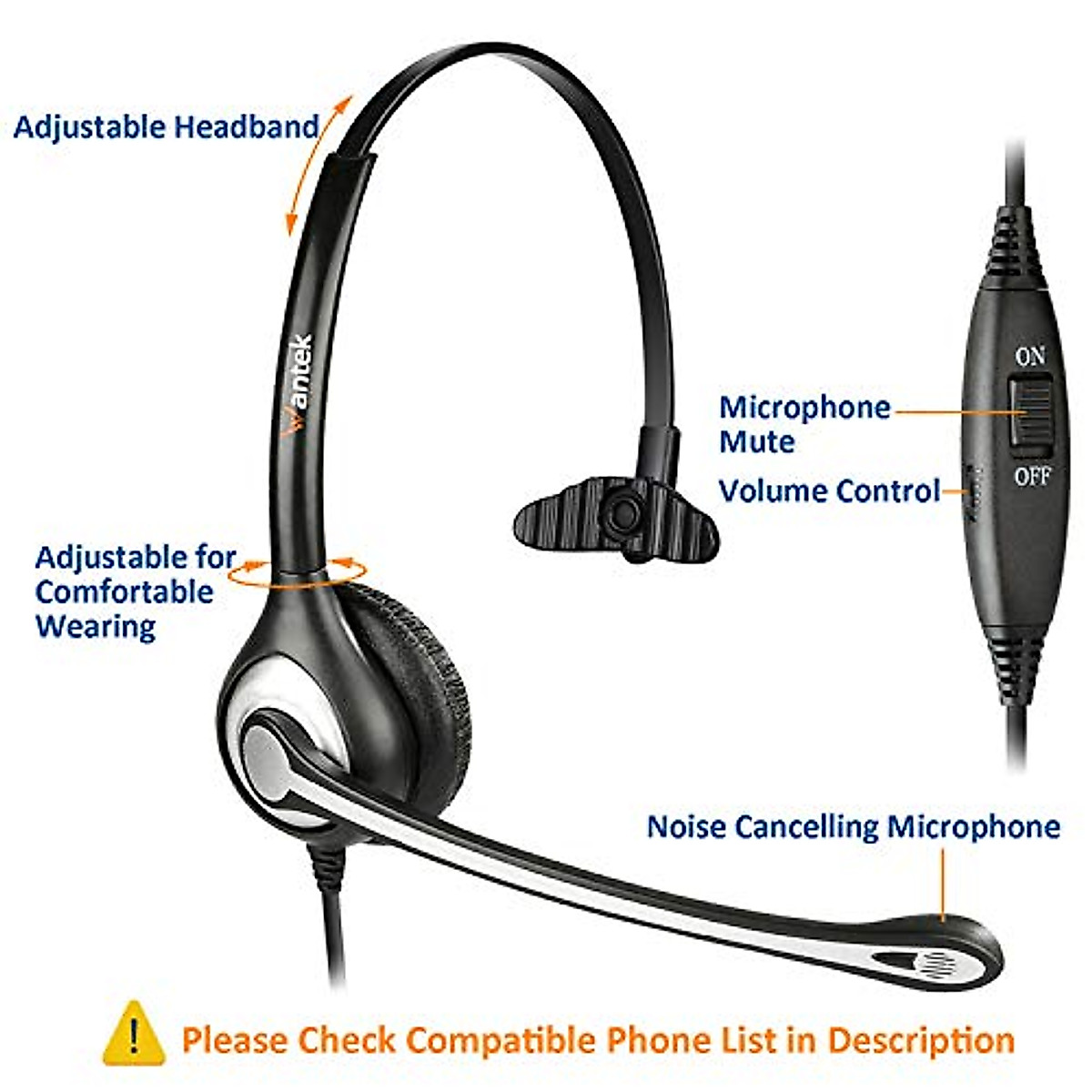 Wantek RJ9 Telephone Headset Mono with Noise Cancelling Mic, Quick Disconnect, Only for Plantronics M12 M22 MX10 Amplifiers or Cisco 7940 7942G 7945G 7960G 7975G 7821 7861 8841 8851 IP Phones(600QC1)