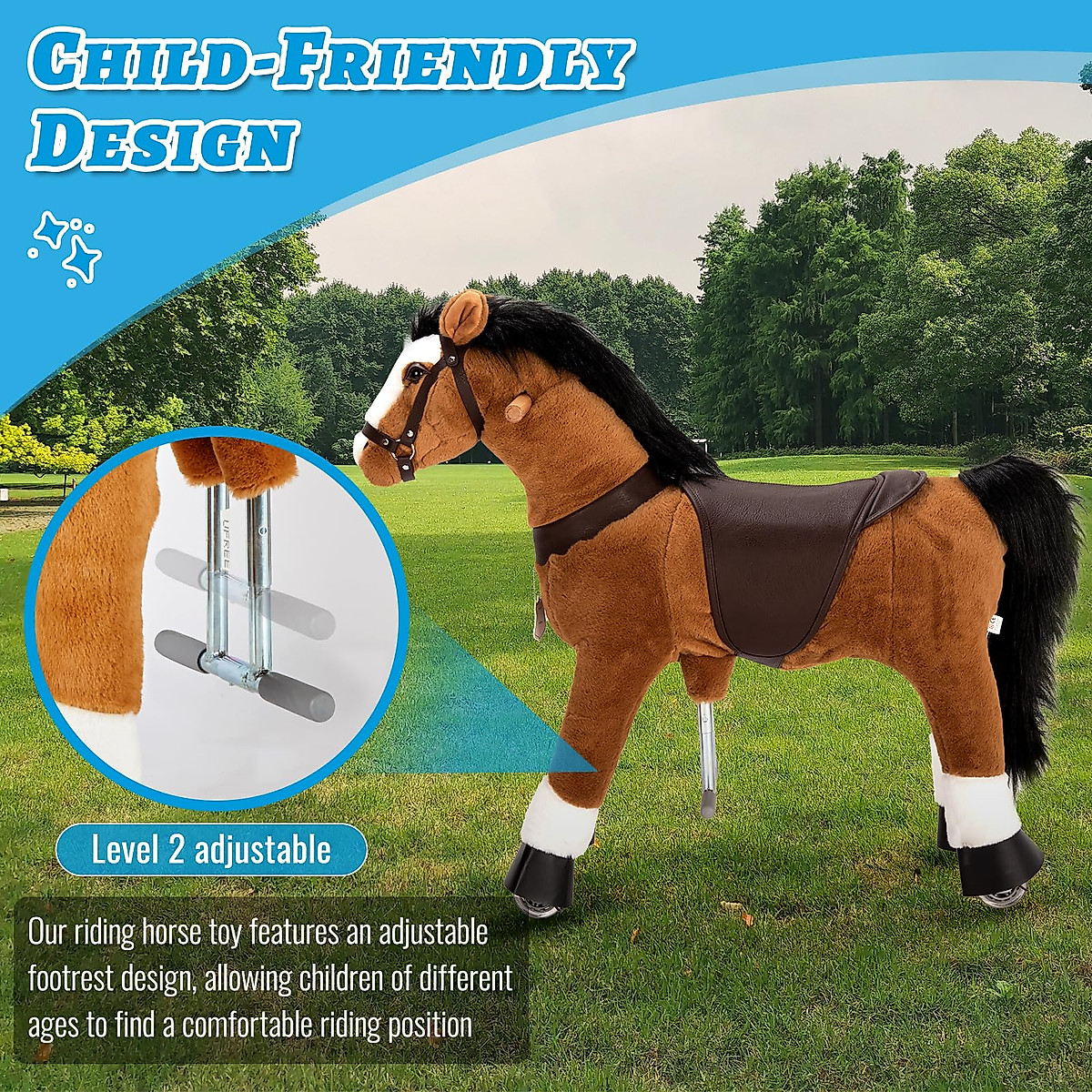 UFREE Ride on Horse, Horse Ride on Toy, Mechanical Horse, Plush Animal, Black Mane and Tail, Age 3-6