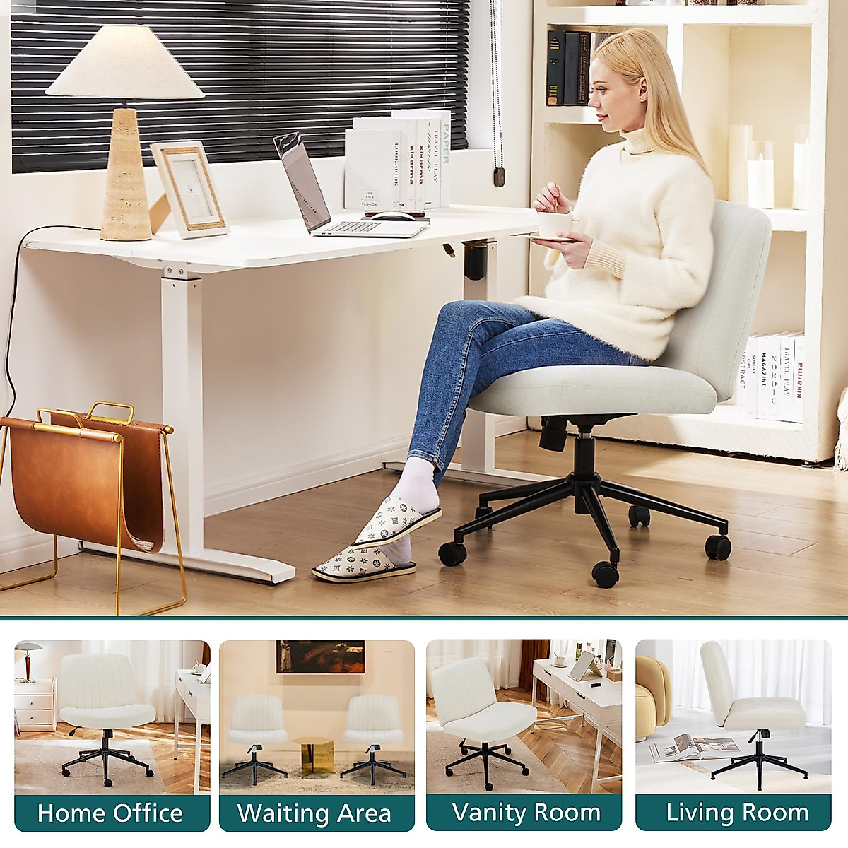 OLIXIS Criss Cross Chair with Wheels, Cross Legged Office Chair Wide Armless Desk Chair, Adjustable Swivel Comfy Home Office Vanity Desk Chair