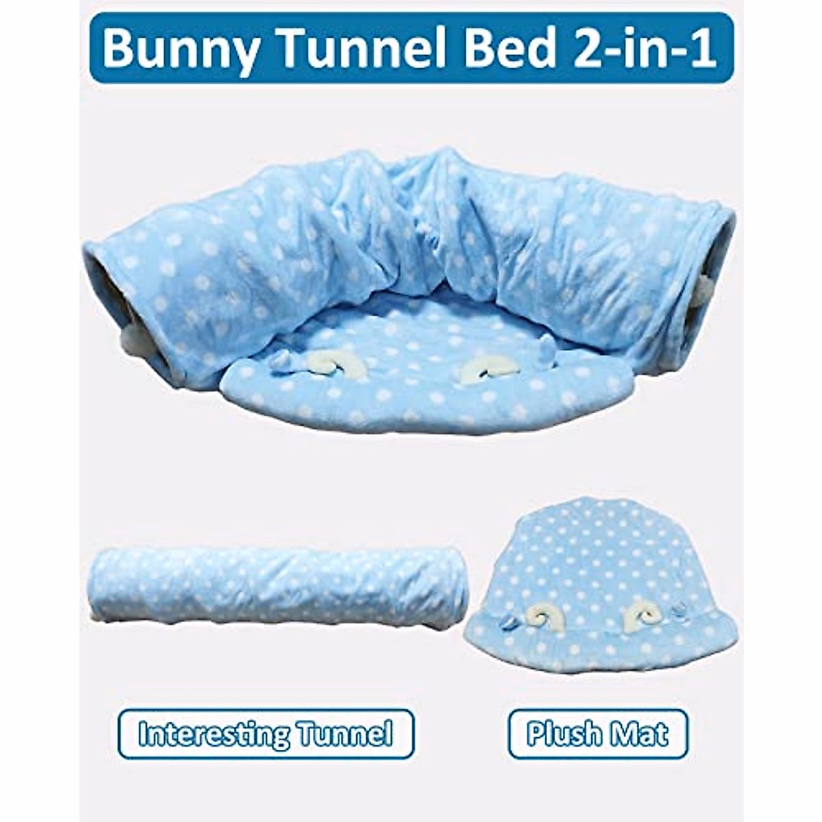 BNOSDM 2-in-1 Rabbit Tunnel Bed for Bunnies Tube Collapsible Removeable Mat Rabbits Tunnels Tubes Toys Small Animal Hideout for Pet Kittens Chinchilla Ferrets Guinea Pigs Hamster Blue