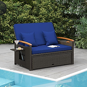 HAPPYGRILL Outdoor Wicker Sofa Daybed, Rattan Loveseat with Folding Panels & Storage Ottoman, 4-Level Adjustable Backrest, Cozy Cushions Included, Sun Lounger Daybed for Backyard Porch, (Navy)