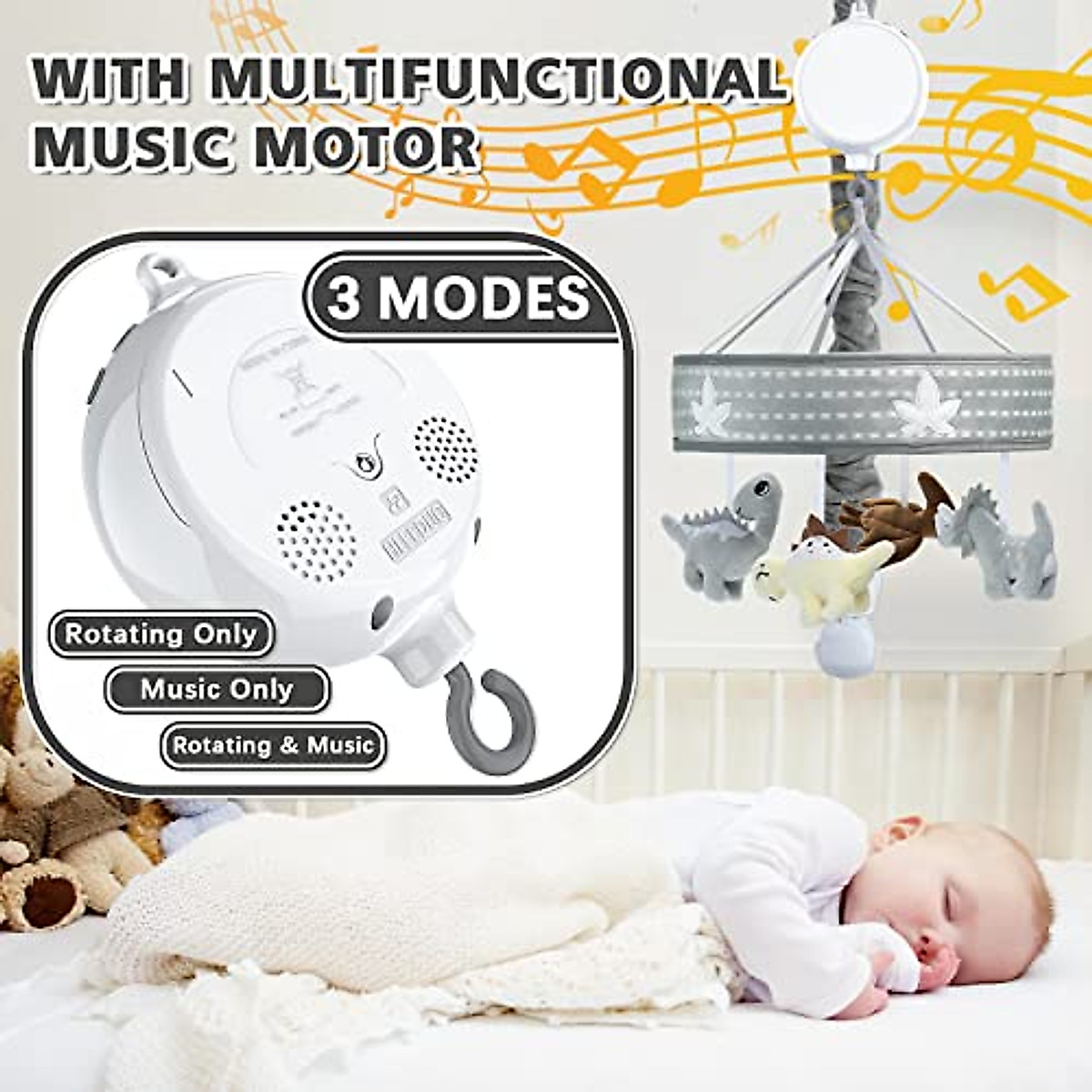 FEISIKE Crib Mobile for Boys,3 Modes Musical Crib Toy,12 Lullabies,Volume Control(Level 0-100),Gray,Claw Type Fit Crib and Bassinet,Dinosaur Jurassic Theme Toys