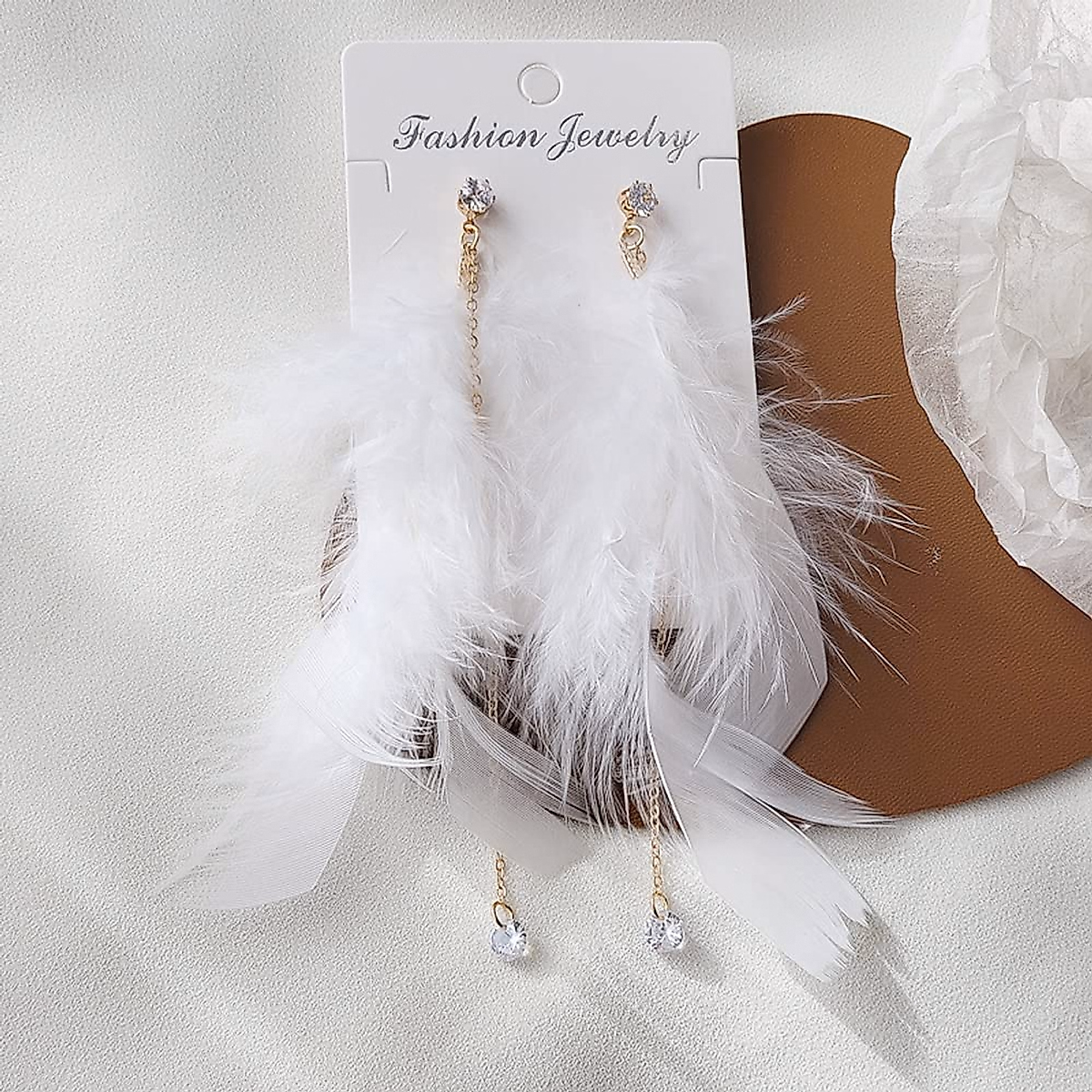 Jemant White Feather Earrings For Women Boho Style Long Faux Pearl Tassel Chain Cubic Zirconia Dangle Drop Aesthetic Elegant Black Feather Earrings For Bride Mothers Wife (White)