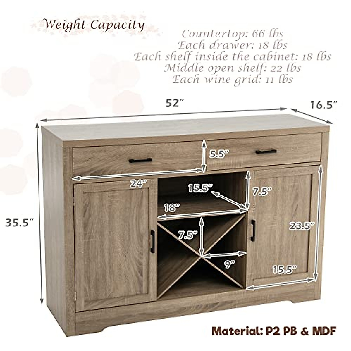 LOKO Farmhouse Buffet Cabinet, Kitchen Storage Cabinet with Adjustable Shelves and Anti-toppling Straps, Sideboard Credenza Storage Cabinet Coffee Bar Cabinet, 52 x 16.5 x 35.5 inches