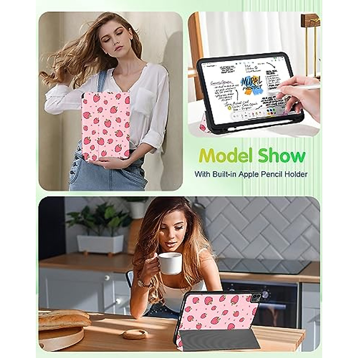 Uppuppy for iPad Air 5th/4th Generation Case 10.9, for iPad Pro 11 Inch Case Girls Cute Kids Women Folio Cover Pencil Holder Strawberry Design Girly Kawaii for Apple iPad Air 5/4 (2022/2020)/Pro 11"
