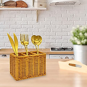 Utensil Caddy Silverware Flatware Holder - 3 Compartment Fork Knife Cutlery Organizer, Woven Wicker Basket, Party Countertop Buffet Picnic Camping Table Outdoor Farmhouse Utensil Holder for Parties (Brown)