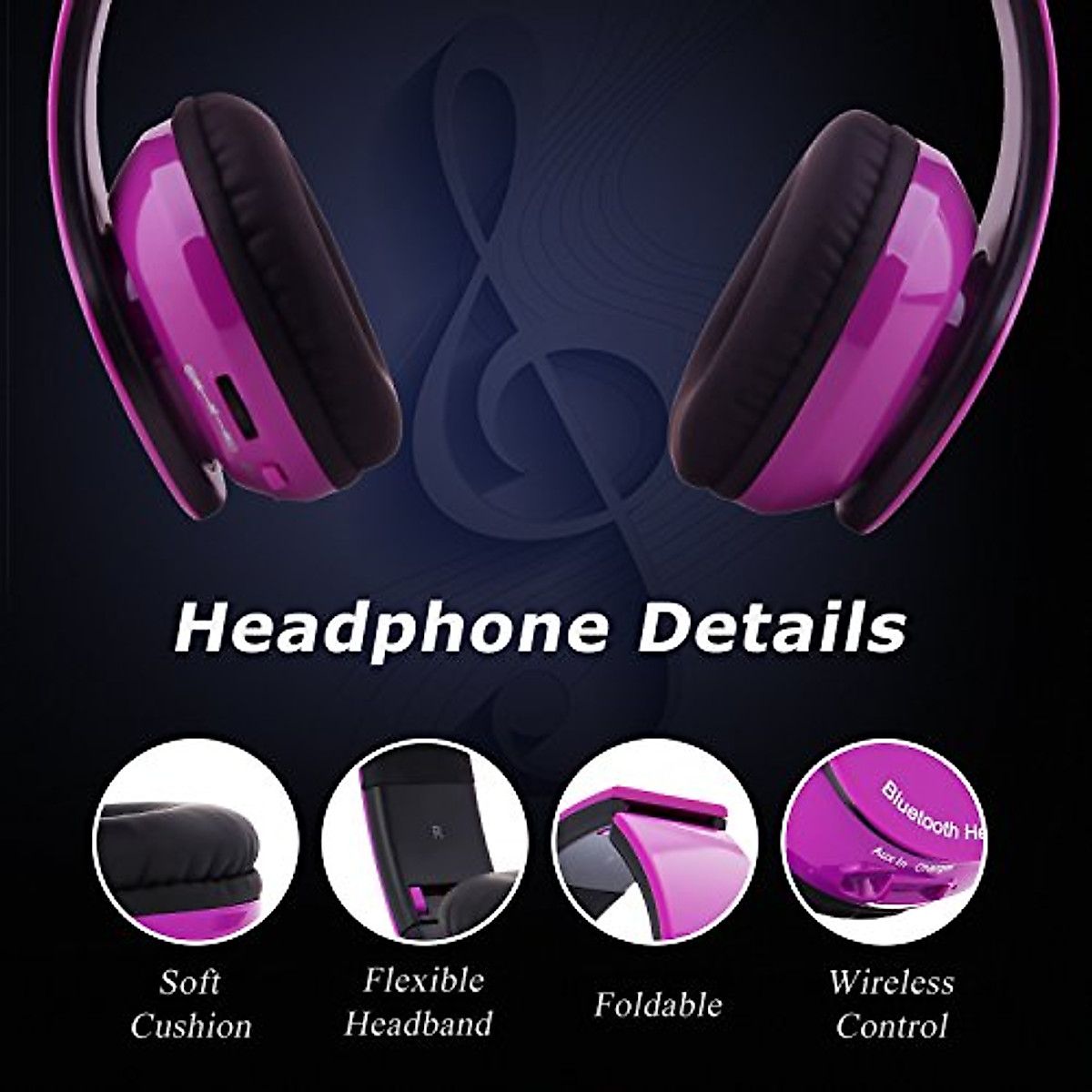deep Purple Hi-Fi Over-Ear Stereo Bluetooth Headphones Built in Mic-Phone Talk with Phone or Listen Music Clearly, Built Noise Cancellation Technology, with Retail Package!