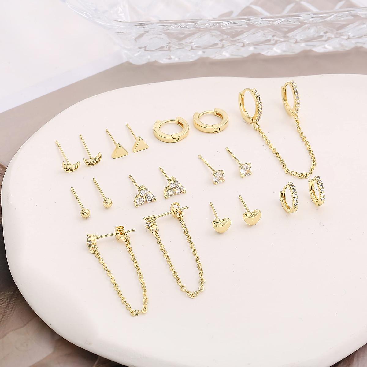 10 Pairs 14K Gold Plated Studs Earrings and Hoops Set for Women, Hypoallergenic Small Dainty Minimalist Chain Hoop CZ Ball Earrings Sets for Multiple Piercing. (1-GOLD)