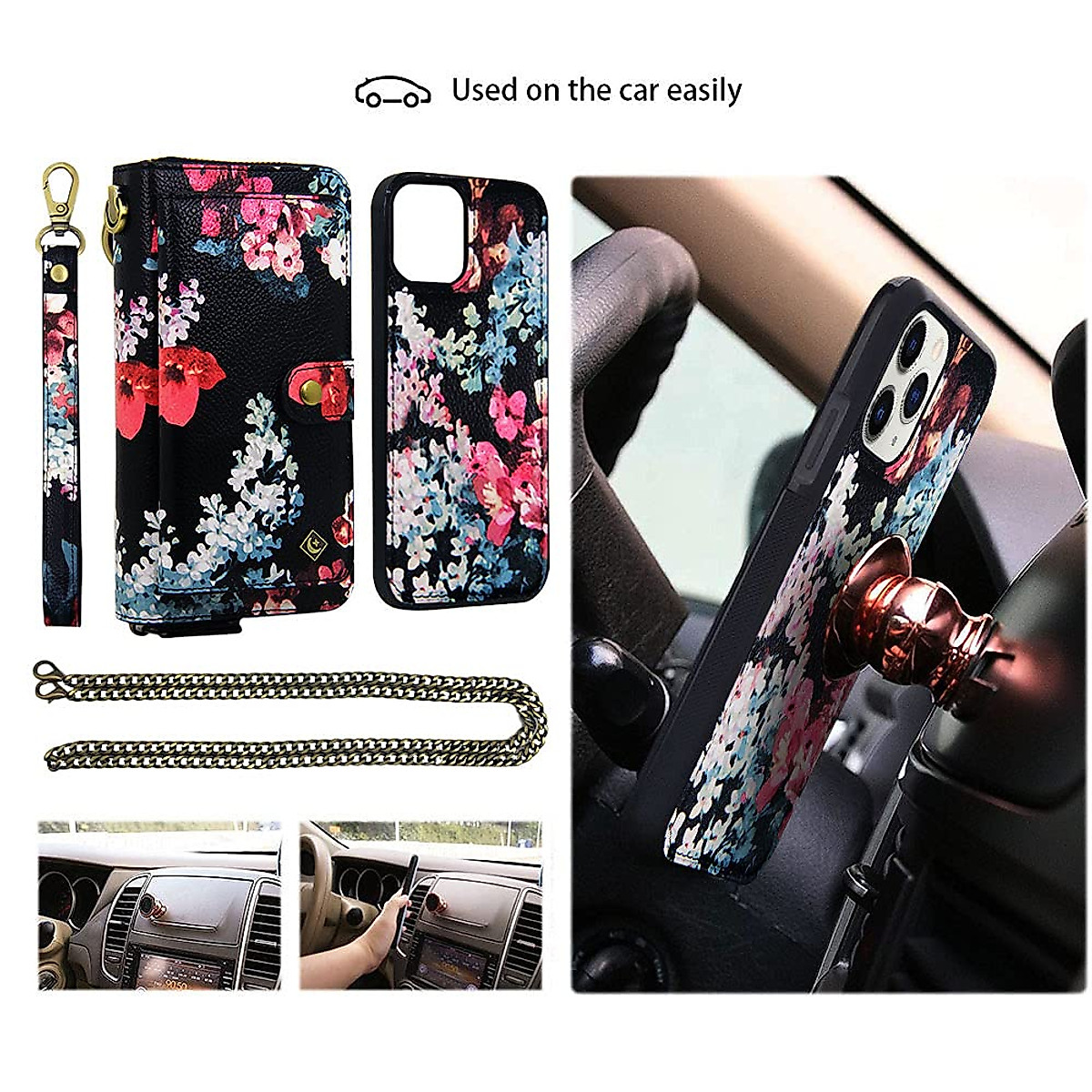 XGrand iPhone 13 Pro Max [3 in 1] Detachable Magnetic Zipper Purse Slots Money Pocket Clutch Crossbody Chain Wrist Strap Leather Wallet Cases - Black Floral