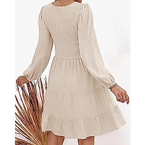 ZESICA Women's Casual V Neck Long Sleeve Smocked High Waist Ruffle A Line Tiered Mini Dress,Beige,Large