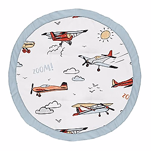 Sweet Jojo Designs Vintage Airplane Boy Baby Playmat Tummy Time Infant Play Mat - Grey Yellow Orange Red White and Blue Airplanes Air Plane Transportation Clouds Sun Sky Aviator Aviation