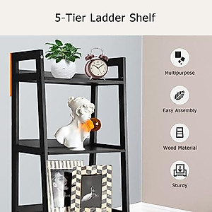 Babion 5-Tier Ladder Open Bookshelf - Pine Wood Freestanding Display Shelf Plant Stand, 51.6" High Floor-Standing Bookcase, Black
