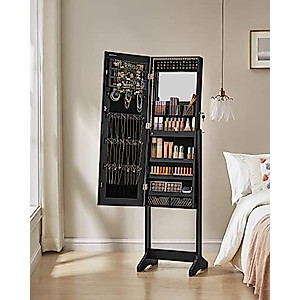SONGMICS Mirror Jewelry Cabinet Standing Armoire Organizer, Jewelry Storage with Full-Length Frameless LED Lights, Built-in Makeup Mirror, 2 Drawers, Lockable, Black UJJC023B01