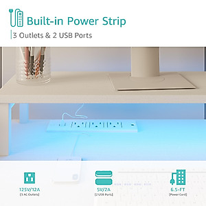 Lufeiya White Computer Desk with File Drawers Cabinet, 55 Inch Home Office Desk with Monitor Stand Shelves, Writing Study Gaming Desks with Led Lights and Power Outlets for Bedroom, White