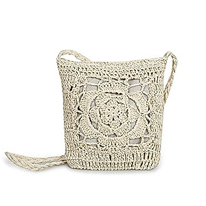 Qoyntuer Woven Straw Messenger Knitted Bag,straw Shoulder Bag Women's Handwoven Crossbody Handbag Cotton Crochet Shoulder Purse Handmade Flower Beach Storage Bag Summer Beach Shoulder Handbag (Beige)