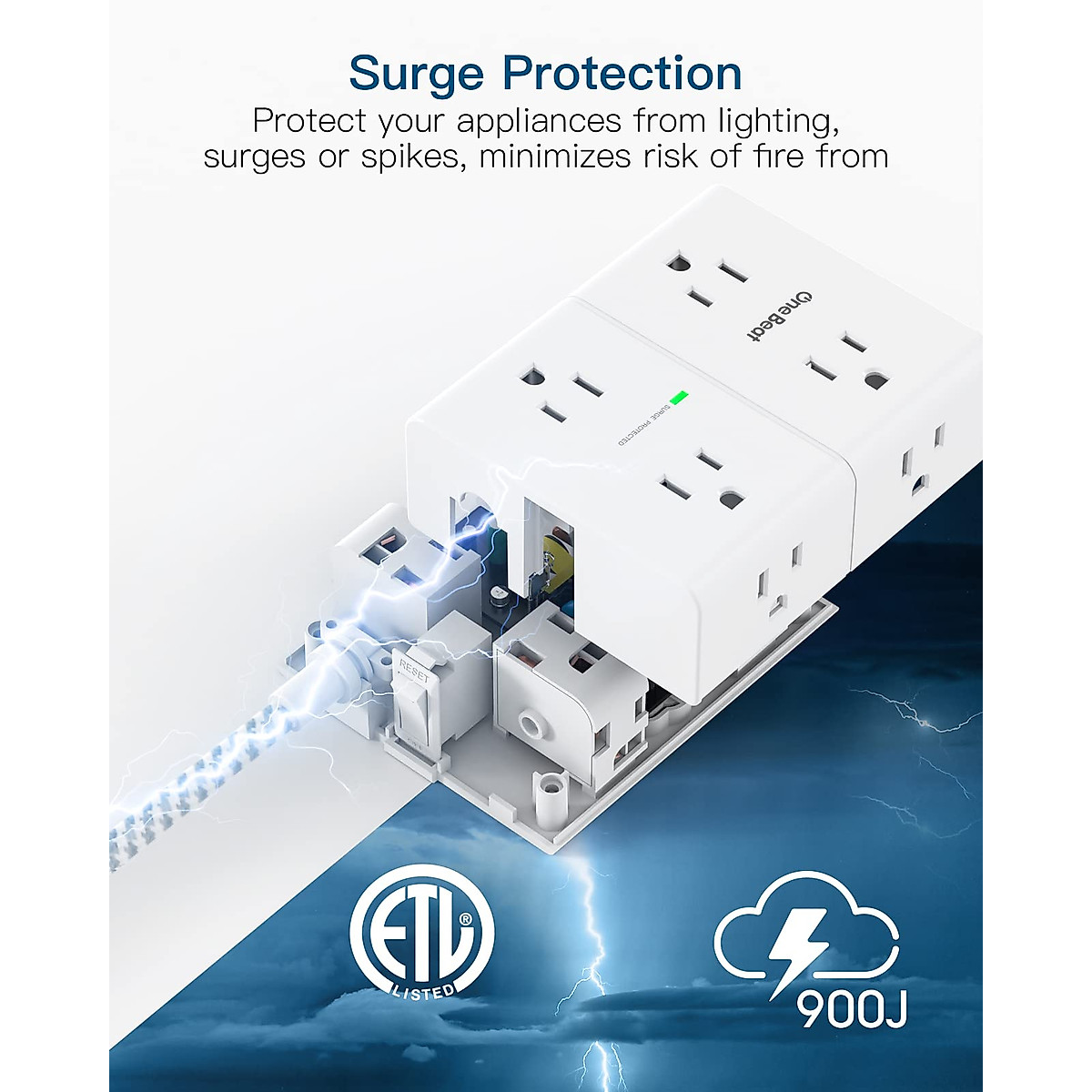 Power Strip Surge Protector with USB, 8 Widely Outlets 4 USB Ports Extension Cord with Flat Plug, 3 Sided Wall Outlets Extender USB Desktop Charging Station for Home Office Travel