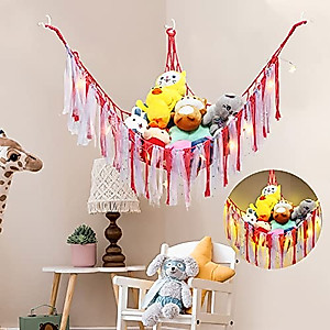 Stuffed Animal Net or Hammock with Star Light, Toy Hammock for Stuffed Animals, Corner Hanging Toy Organizer with Tassels, Plush Toy Storage Holder Nets for Kids Bedroom Playroom Nursery Decor (Pink)