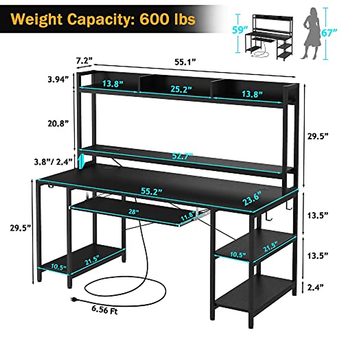 55" Computer Desk with Power Outlet & USB Ports, Heavy Duty Desk with Hutch Keyboard Tray, Home Office Desks with Shelves Monitor Stand, Study Table Writing Desk Workstation, Easy to Assemble, Black