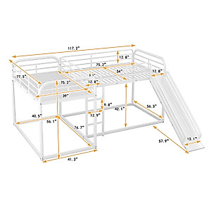 ATY L-Shaped Full and Twin Size Bunk Bed, Metal Bedframe w/Ladder & Slide, for 4 People, Bedroom, Dorm, Guestroom Supplies, Save Space Design,White