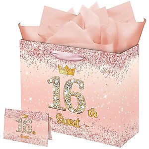 Vichona Rose Gold 16 & Sweet 16th Birthday Gift Bag for Girls, Sweet 16th Birthday Gifts Decorations for Girls, 16 Years Old Birthday Gift Bag Card for Daughter Granddaughter Friends