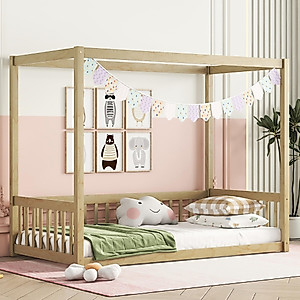 Luxo Abode Twin Size Montessori Canopy Frame Floor Bed with Guardrails Fence, 4-Poster Pine Wood Bed Frame, Easy Assembly, for Toddlers, Children's Room, Playroom, Natural