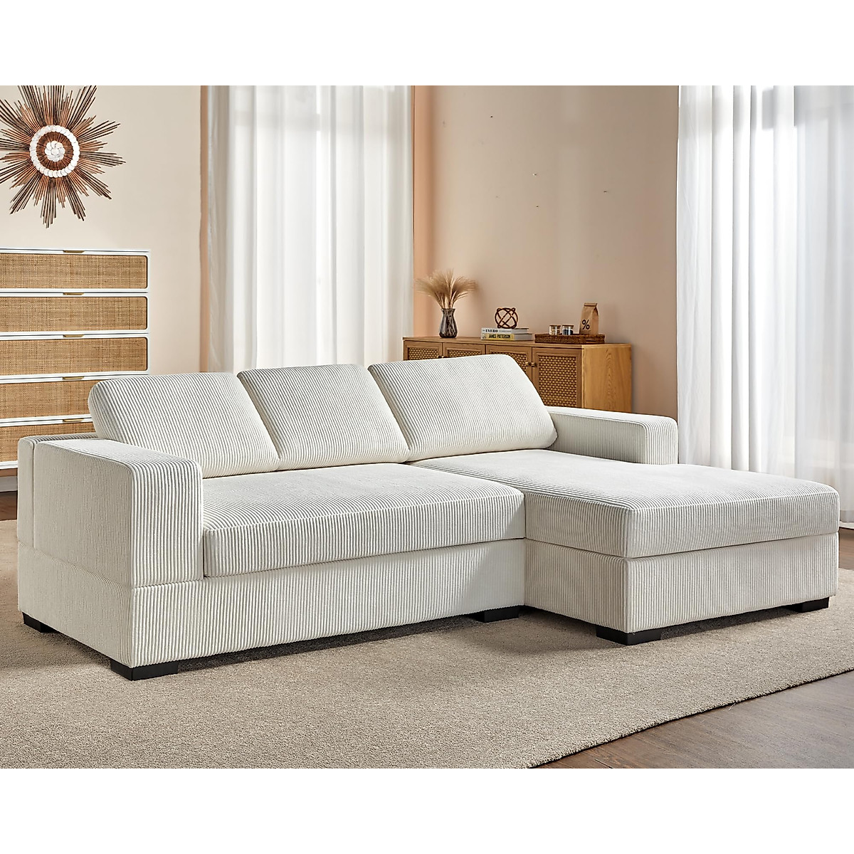AMERLIFE 96 inch Oversized Sectional Sofa, Modern Couch with Chaise, Comfy Sofa Couch with Right Chaise, White Corduroy Sofa