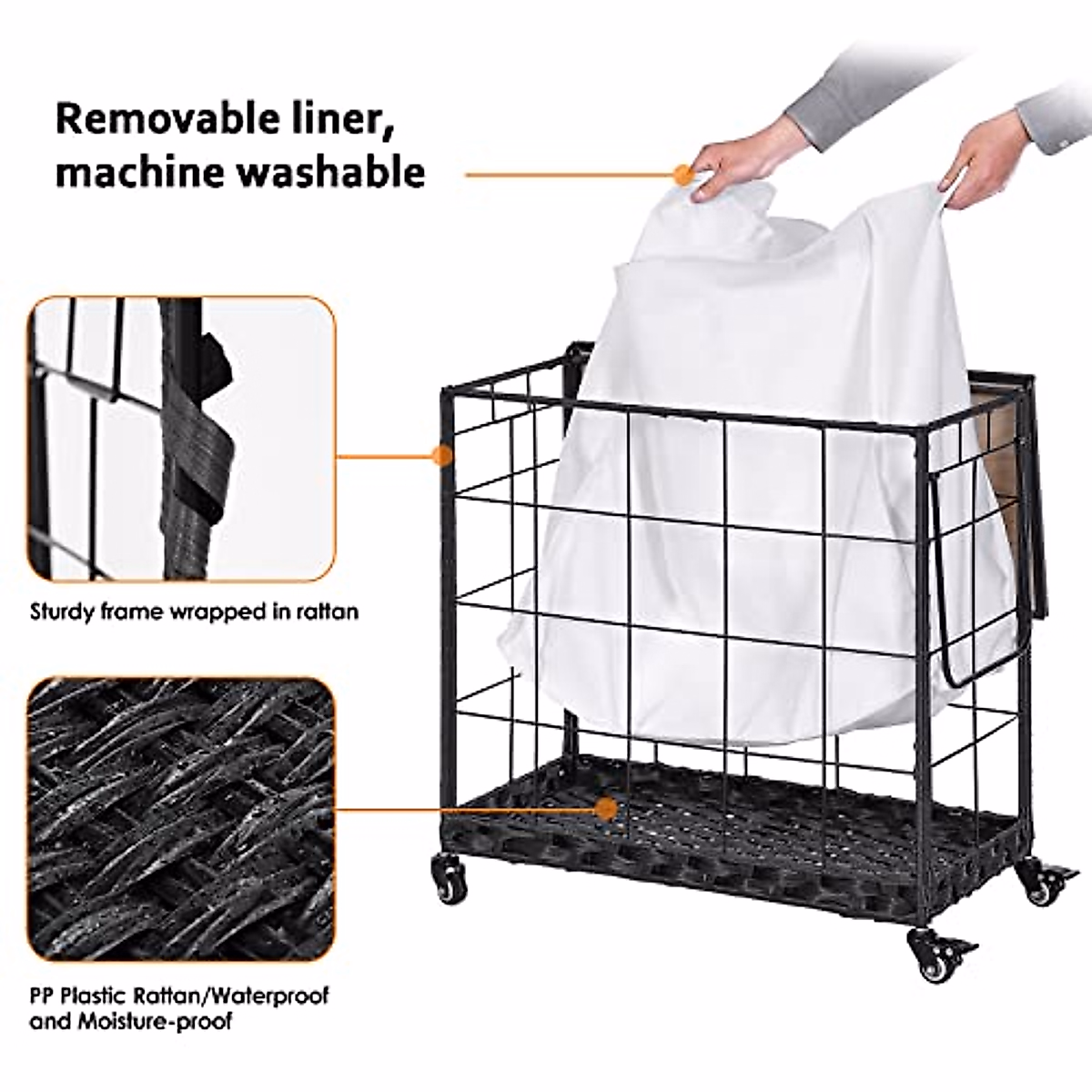 Laundry Hamper with Heavy Duty Caster Wheels; 3 Sections Clothes Hamper with Lid; 132L Laundry Basket with Removable Liner Bag; Laundry Sorter with Metal Handle (White)