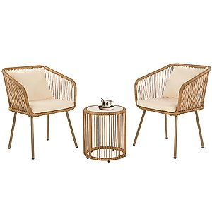 3 Piece Patio Furniture Set with Cushions Lumbar Pillows Outdoor PE Rattan Bistro Furniture Set Patio Rattan Conversation Set Glass Coffee Table Top and 2 Chairs for Patio Garden Porch , White