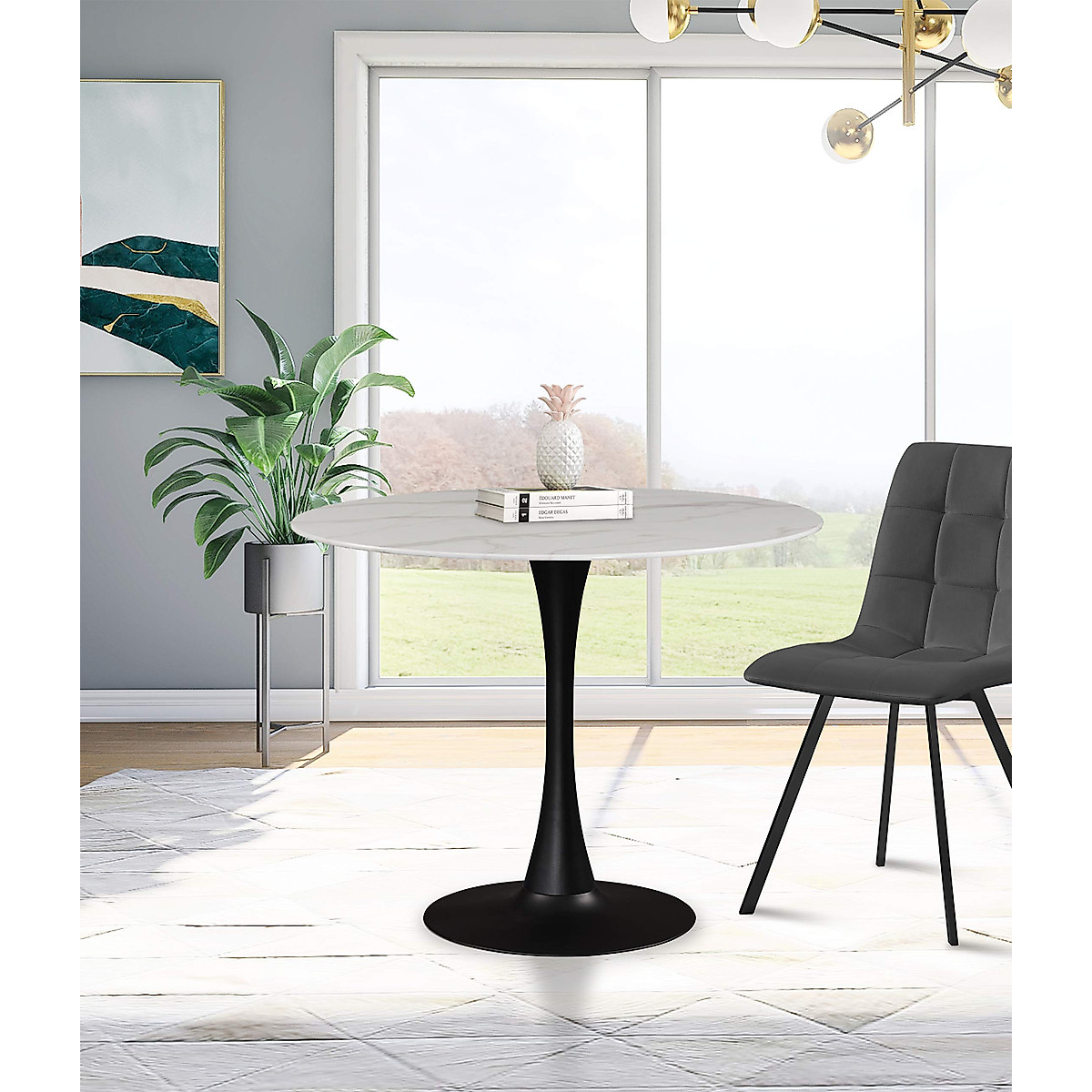 Meridian Furniture 973-T Holly Collection Modern | Contemporary Round Dining Table with Faux Marble Table Top and Rich Matte Black Base, 36" W x 36" D x 29.5" H