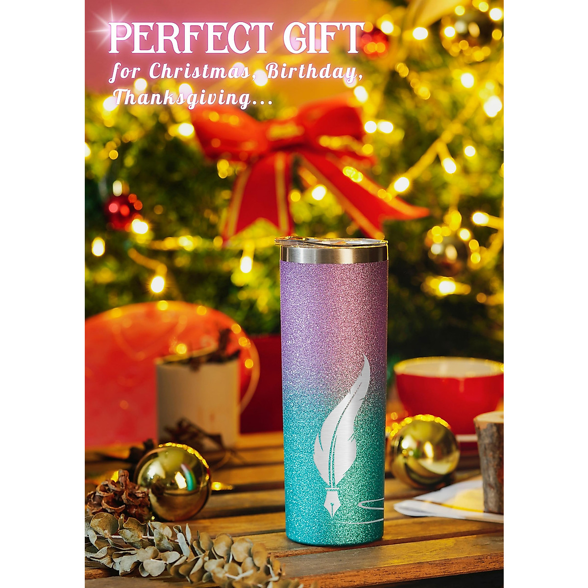 Onebttl Writer Gifts for Women - 20oz/590ml Skinny Glitter Stainless Steel Insulated Tumbler with Straw - Graduation/Birthday/Christmas Gift for Writers, Novelist, Scriptwriter- Feather Pen