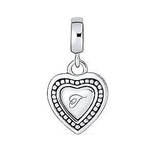 Vintage Style Personalized Gift Dangle Script Initial Alphabet Letter T Heart Charm Bead For Women For Teen Solid .925 Sterling Silver Fits European Bracelet Custom Engraved